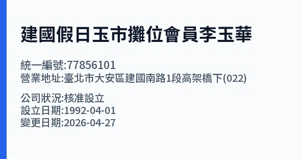 建國假日玉市攤位會員李玉華的照片-統編 77856101(臺北市) 公司登記資料與營業項目詳細圖表