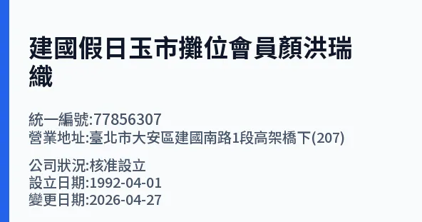 建國假日玉市攤位會員顏洪瑞織的照片-統編 77856307(臺北市) 公司登記資料與營業項目詳細圖表