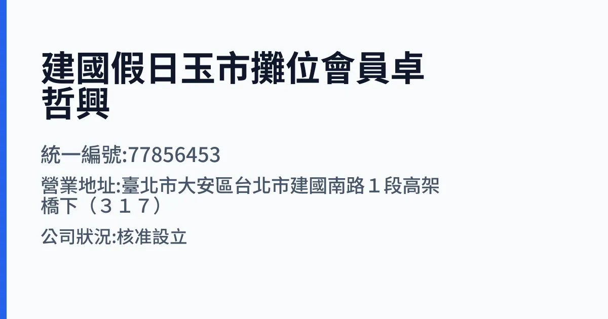 建國假日玉市攤位會員卓哲興 - 統編 77856453(臺北市) 公司登記資料與營業項目詳細圖表