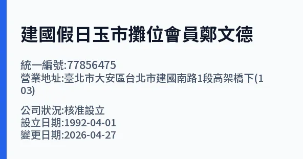 建國假日玉市攤位會員鄭文德的照片-統編 77856475(臺北市) 公司登記資料與營業項目詳細圖表