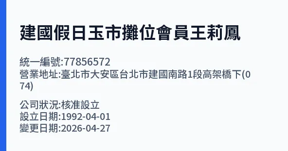 建國假日玉市攤位會員王莉鳳的照片-統編 77856572(臺北市) 公司登記資料與營業項目詳細圖表