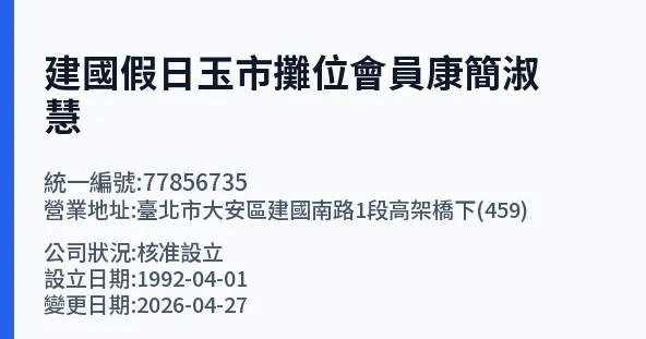 建國假日玉市攤位會員康簡淑慧的照片-統編 77856735(臺北市) 公司登記資料與營業項目詳細圖表