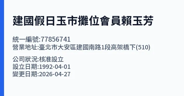 建國假日玉市攤位會員賴玉芳的照片-統編 77856741(臺北市) 公司登記資料與營業項目詳細圖表