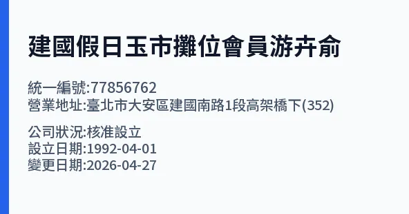 建國假日玉市攤位會員游卉俞的照片-統編 77856762(臺北市) 公司登記資料與營業項目詳細圖表