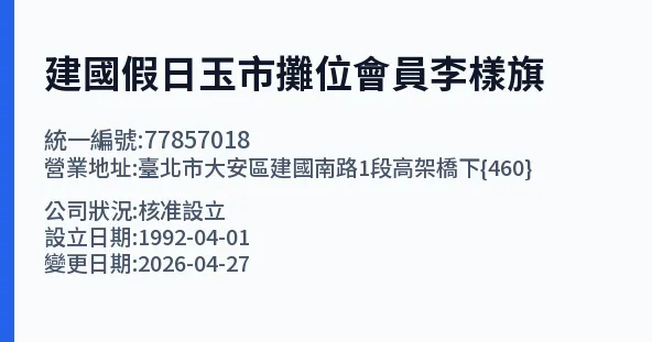建國假日玉市攤位會員李樣旗的照片-統編 77857018(臺北市) 公司登記資料與營業項目詳細圖表