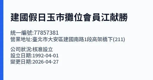 建國假日玉市攤位會員江献勝的照片-統編 77857381(臺北市) 公司登記資料與營業項目詳細圖表