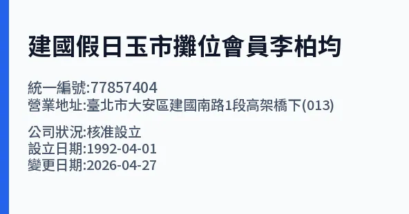 建國假日玉市攤位會員李柏均的照片-統編 77857404(臺北市) 公司登記資料與營業項目詳細圖表
