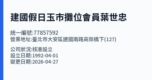 建國假日玉市攤位會員葉世忠的照片-統編 77857592(臺北市) 公司登記資料與營業項目詳細圖表