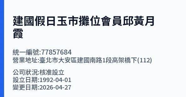 建國假日玉市攤位會員邱黃月霞的照片-統編 77857684(臺北市) 公司登記資料與營業項目詳細圖表