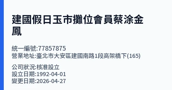 建國假日玉市攤位會員蔡涂金鳳的照片-統編 77857875(臺北市) 公司登記資料與營業項目詳細圖表