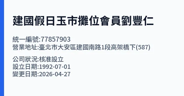 建國假日玉市攤位會員劉豐仁的照片-統編 77857903(臺北市) 公司登記資料與營業項目詳細圖表