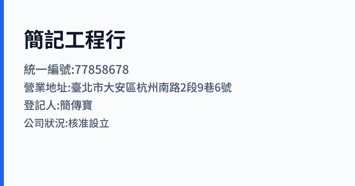 簡記工程行 - 統編 77858678(臺北市) 公司登記資料與營業項目詳細圖表