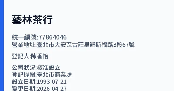 藝林茶行的照片-統編 77864046(臺北市) 公司登記資料與營業項目詳細圖表