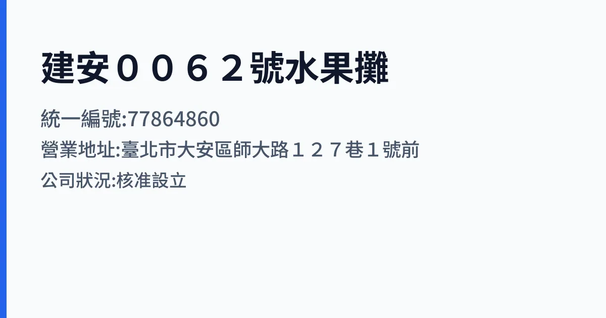 建安００６２號水果攤 - 統編 77864860(臺北市) 公司登記資料與營業項目詳細圖表