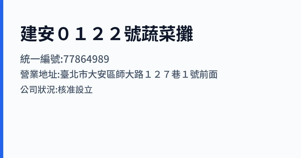 建安０１２２號蔬菜攤 - 統編 77864989(臺北市) 公司登記資料與營業項目詳細圖表