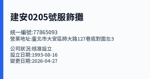 建安0205號服飾攤的照片-統編 77865093(臺北市) 公司登記資料與營業項目詳細圖表