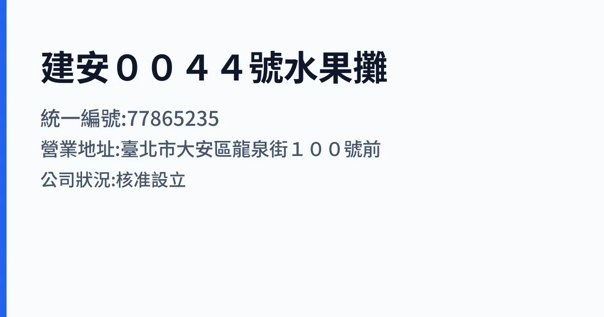 建安００４４號水果攤 - 統編 77865235(臺北市) 公司登記資料與營業項目詳細圖表