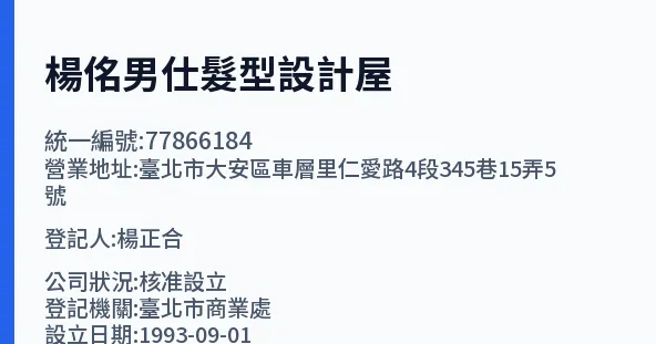 楊佲男仕髮型設計屋的照片-統編 77866184(臺北市) 公司登記資料與營業項目詳細圖表