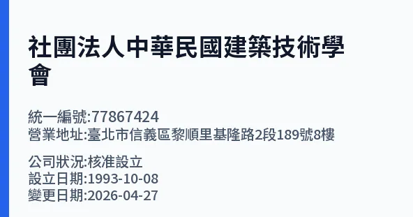 社團法人中華民國建築技術學會的照片-統編 77867424(臺北市) 公司登記資料與營業項目詳細圖表