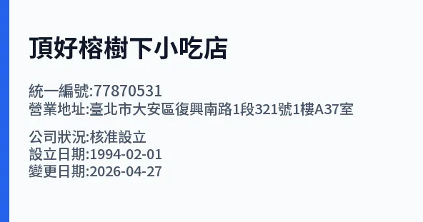 頂好榕樹下小吃店的照片-統編 77870531(臺北市) 公司登記資料與營業項目詳細圖表