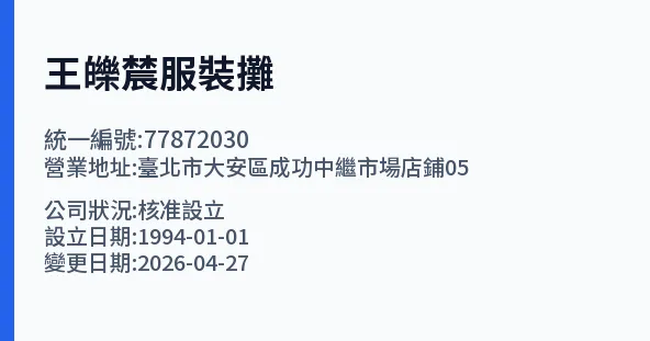 王皪辳服裝攤的照片-統編 77872030(臺北市) 公司登記資料與營業項目詳細圖表
