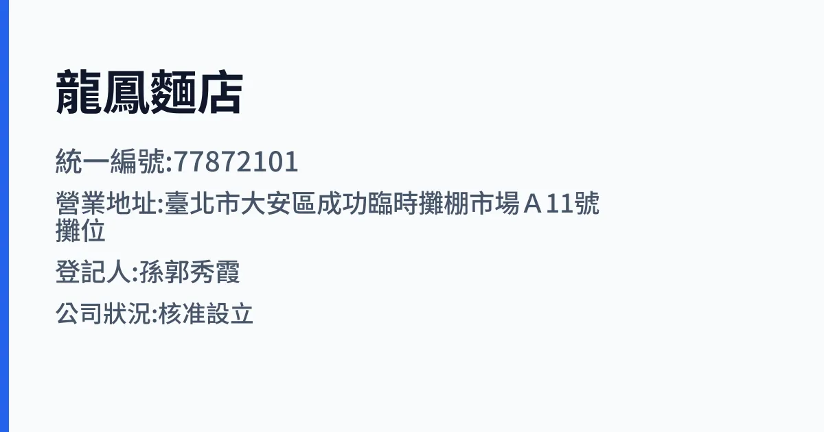 龍鳳麵店 - 統編 77872101(臺北市) 公司登記資料與營業項目詳細圖表