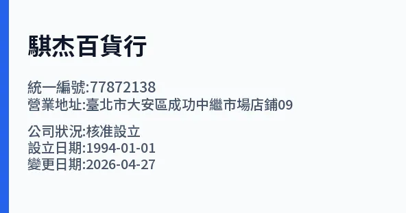 騏杰百貨行的照片-統編 77872138(臺北市) 公司登記資料與營業項目詳細圖表