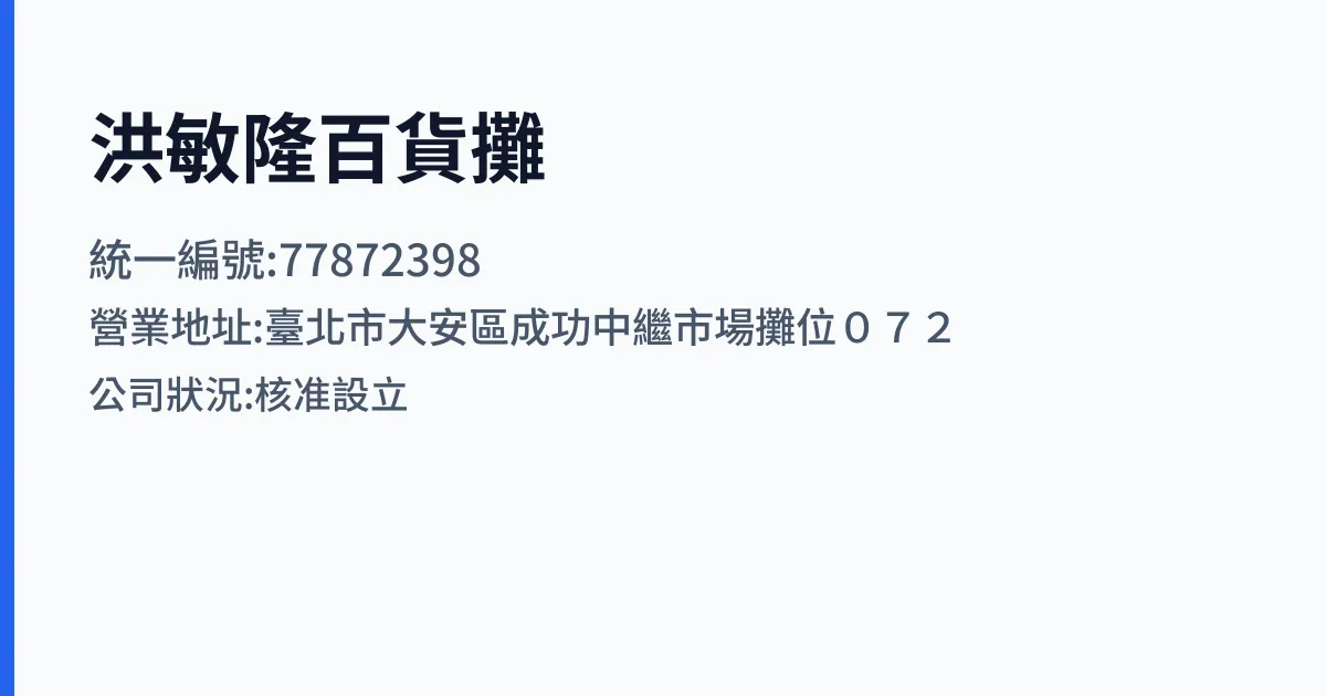 洪敏隆百貨攤 - 統編 77872398(臺北市) 公司登記資料與營業項目詳細圖表