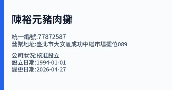 陳裕元豬肉攤的照片-統編 77872587(臺北市) 公司登記資料與營業項目詳細圖表
