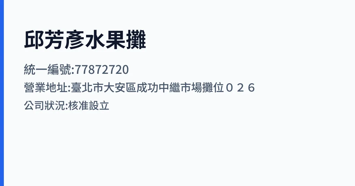 邱芳彥水果攤 - 統編 77872720(臺北市) 公司登記資料與營業項目詳細圖表