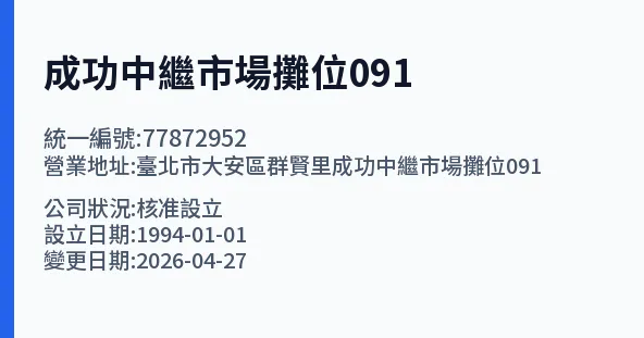 成功中繼市場攤位091的照片-統編 77872952(臺北市) 公司登記資料與營業項目詳細圖表