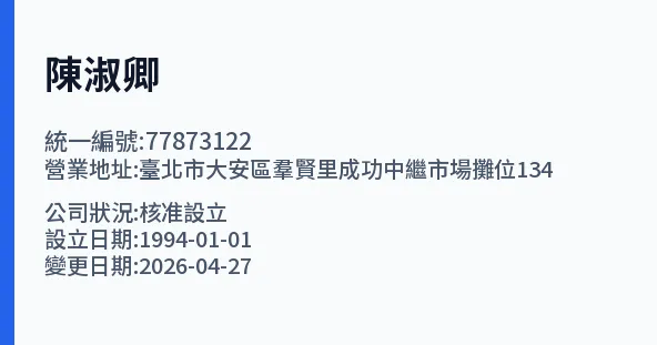 陳淑卿的照片-統編 77873122(臺北市) 公司登記資料與營業項目詳細圖表