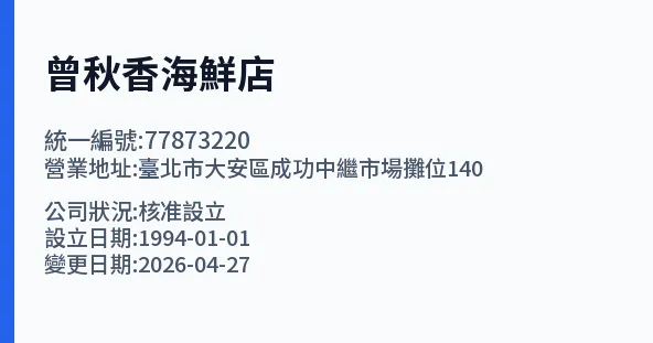 曾秋香海鮮店的照片-統編 77873220(臺北市) 公司登記資料與營業項目詳細圖表