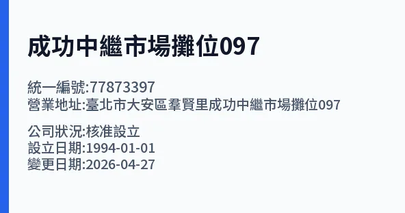 成功中繼市場攤位097的照片-統編 77873397(臺北市) 公司登記資料與營業項目詳細圖表