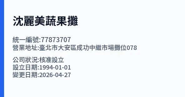 沈麗美蔬果攤的照片-統編 77873707(臺北市) 公司登記資料與營業項目詳細圖表