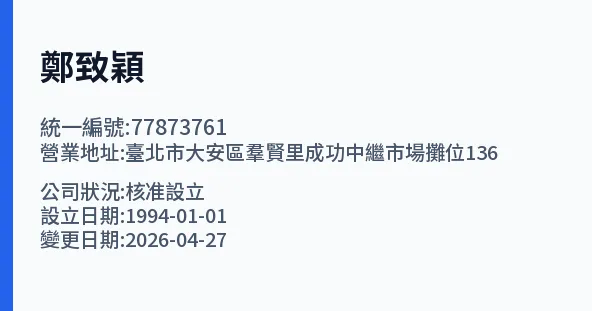 鄭致穎的照片-統編 77873761(臺北市) 公司登記資料與營業項目詳細圖表