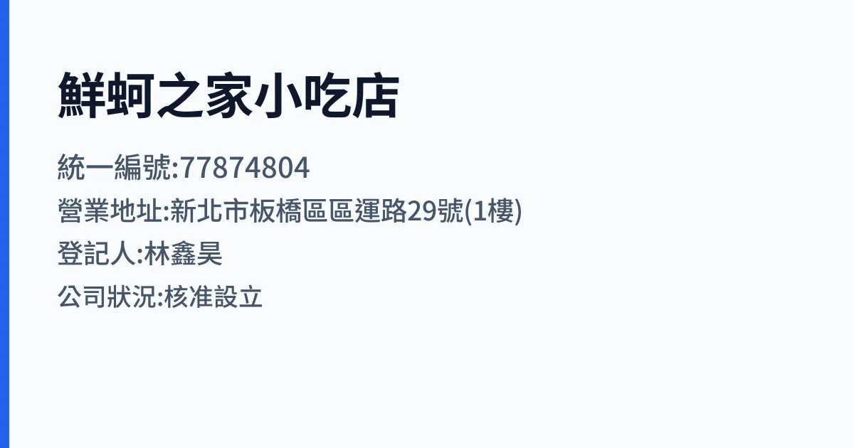 鮮蚵之家小吃店 - 統編 77874804(新北市) 公司登記資料與營業項目詳細圖表