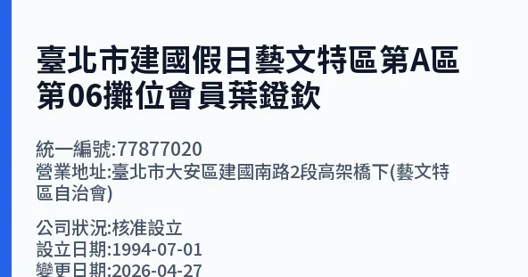 臺北市建國假日藝文特區第A區第06攤位會員葉鐙欽的照片-統編 77877020(臺北市) 公司登記資料與營業項目詳細圖表