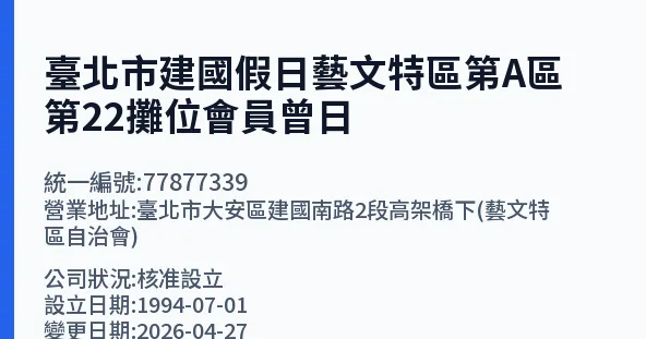 臺北市建國假日藝文特區第A區第22攤位會員曾日的照片-統編 77877339(臺北市) 公司登記資料與營業項目詳細圖表