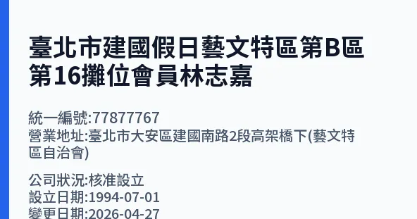臺北市建國假日藝文特區第B區第16攤位會員林志嘉的照片-統編 77877767(臺北市) 公司登記資料與營業項目詳細圖表