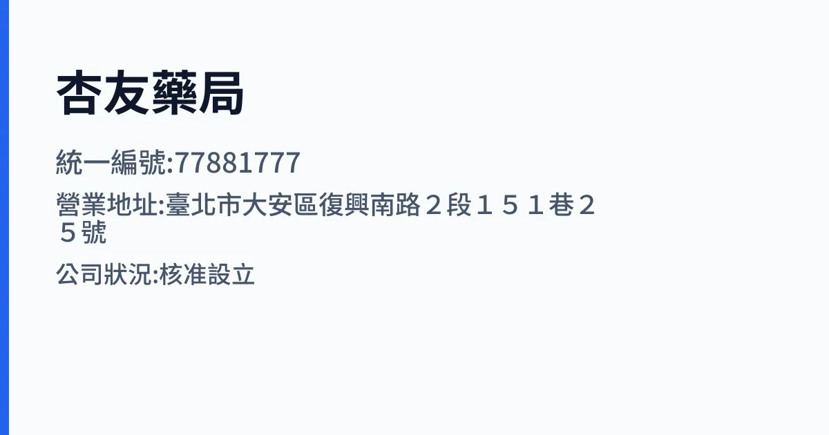 杏友藥局 - 統編 77881777(臺北市) 公司登記資料與營業項目詳細圖表