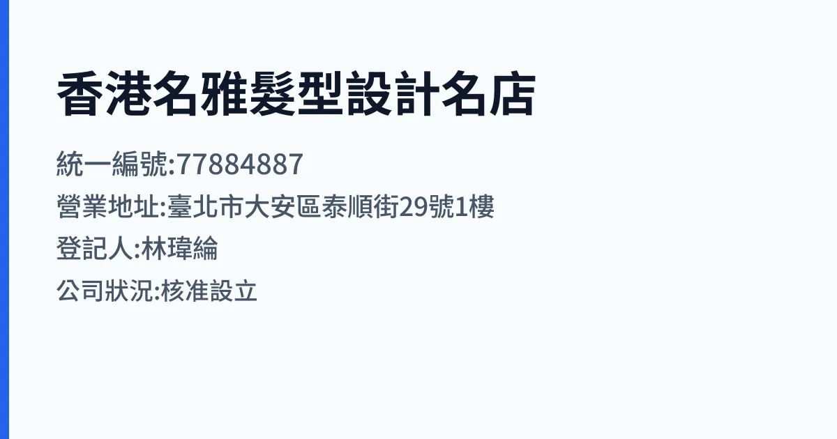 香港名雅髮型設計名店 - 統編 77884887（臺北市） 公司登記資料與營業項目詳細圖表