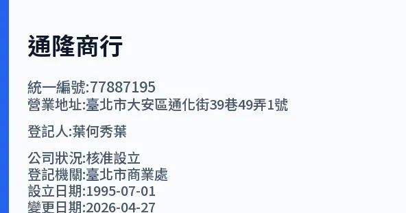 通隆商行的照片-統編 77887195(臺北市) 公司登記資料與營業項目詳細圖表