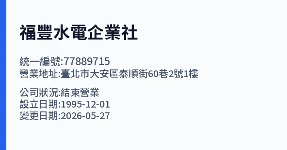 福豐水電企業社的照片-統編 77889715(臺北市) 公司登記資料與營業項目詳細圖表