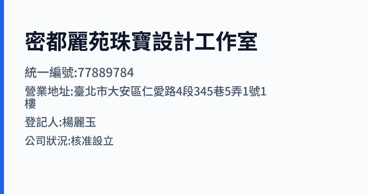 密都麗苑珠寶設計工作室 - 統編 77889784(臺北市) 公司登記資料與營業項目詳細圖表