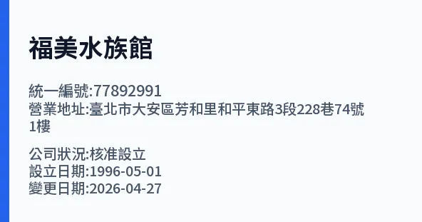 福美水族館的照片-統編 77892991(臺北市) 公司登記資料與營業項目詳細圖表