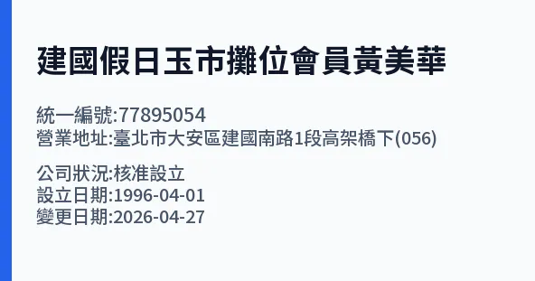 建國假日玉市攤位會員黃美華的照片-統編 77895054(臺北市) 公司登記資料與營業項目詳細圖表