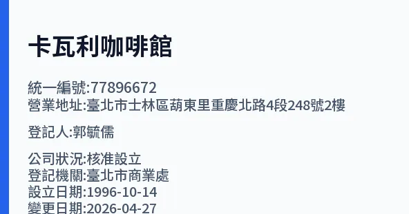 卡瓦利咖啡館的照片-統編 77896672(臺北市) 公司登記資料與營業項目詳細圖表