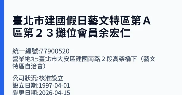 臺北市建國假日藝文特區第Ａ區第２３攤位會員余宏仁的照片-統編 77900520(臺北市) 公司登記資料與營業項目詳細圖表