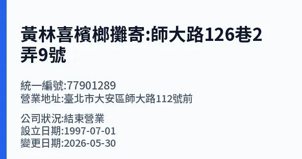 黃林喜檳榔攤寄:師大路126巷2弄9號的照片-統編 77901289(臺北市) 公司登記資料與營業項目詳細圖表